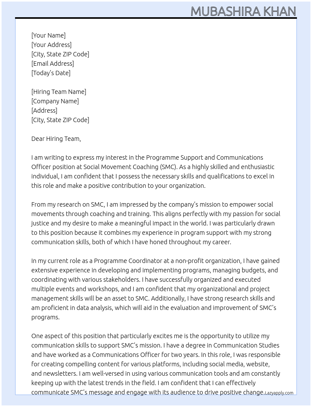 Cover letter for programme support and communications officer - LazyApply