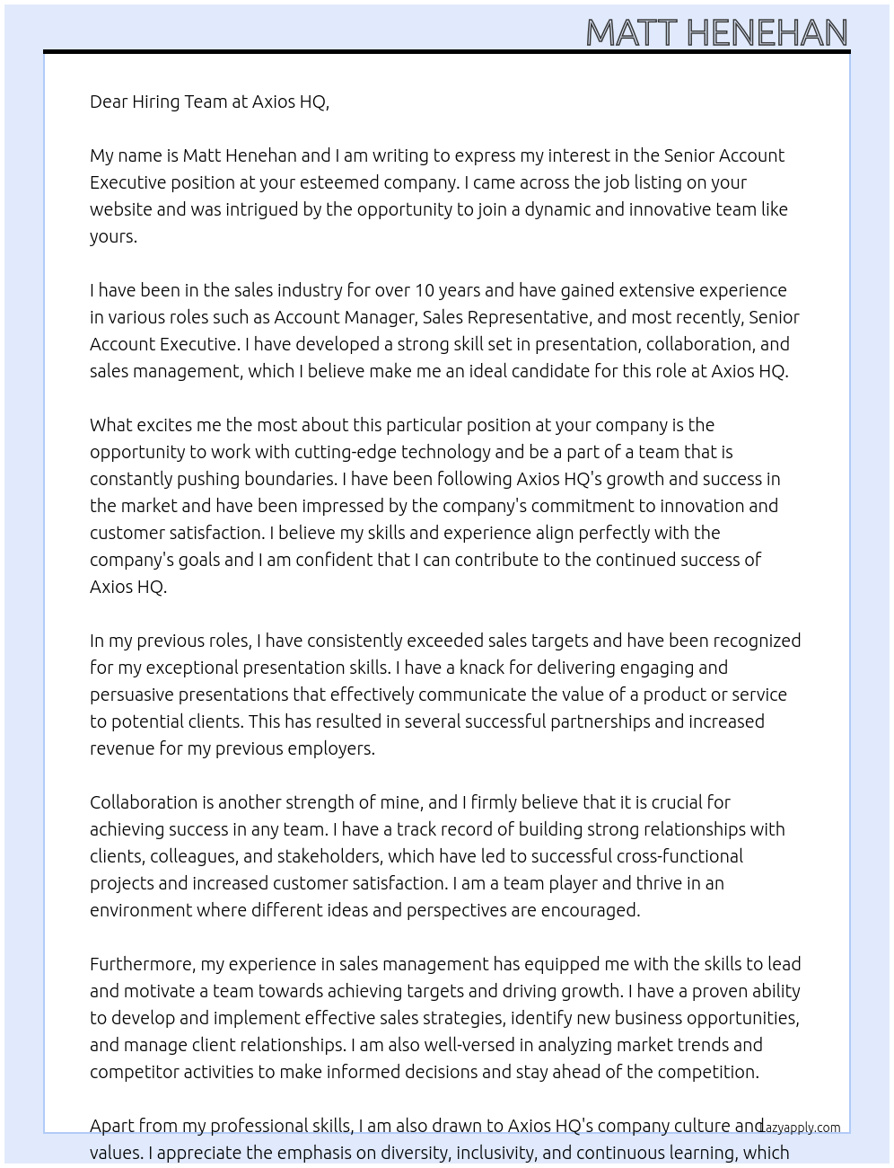 Cover letter for senior account executive - LazyApply