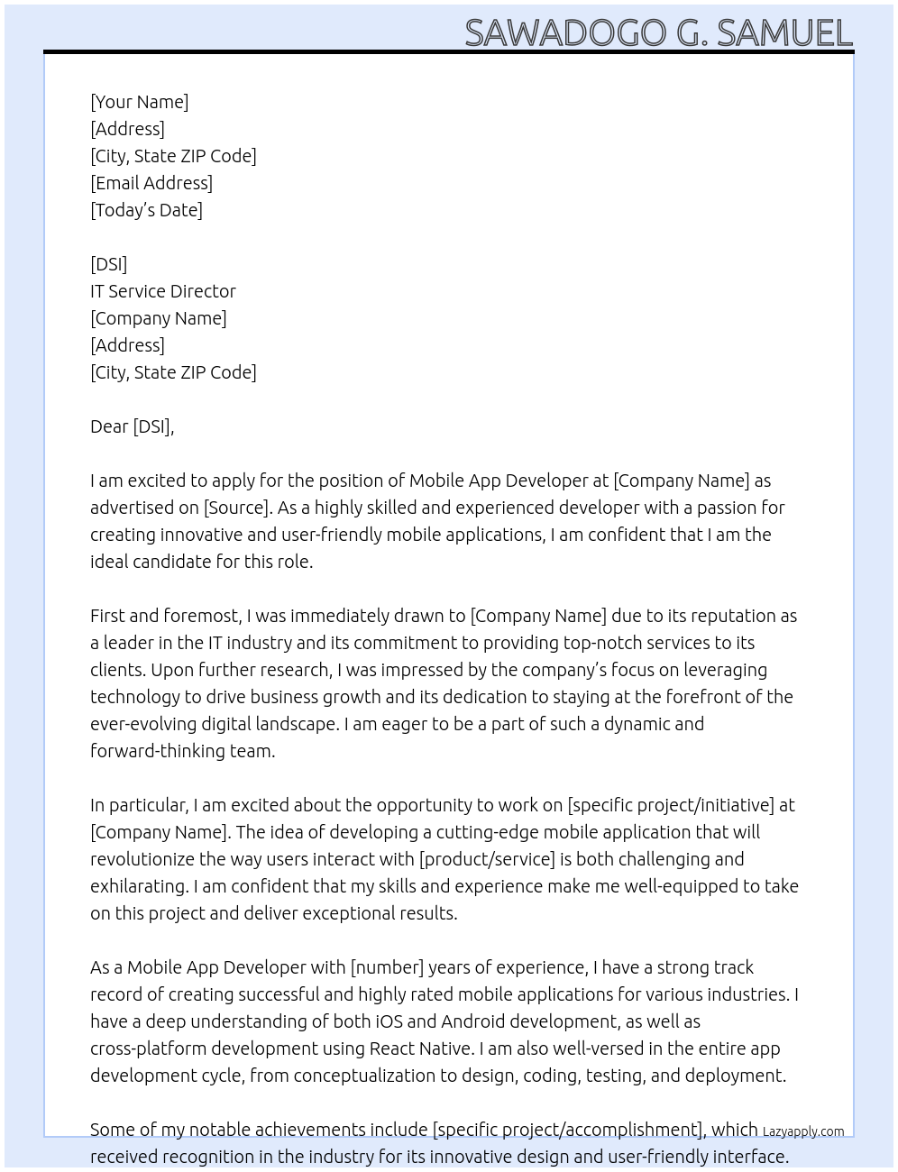 Cover letter for mobile app developer - LazyApply