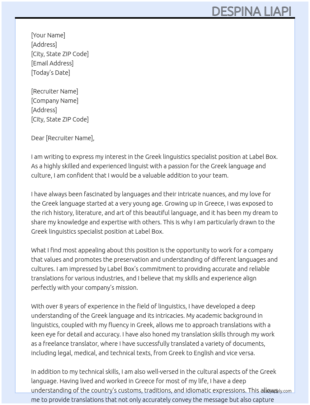 Cover letter for greek linguistics specialist - LazyApply