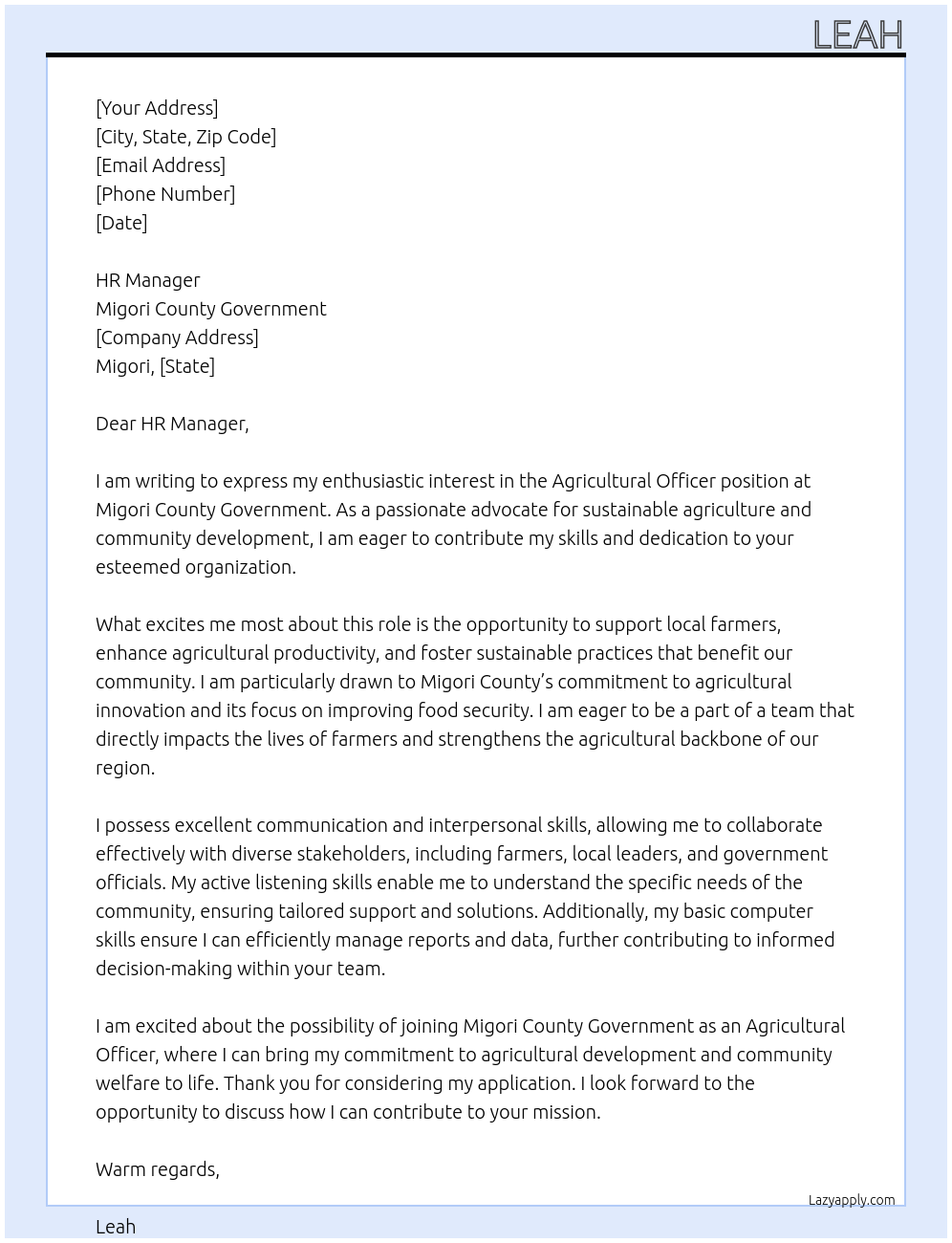 Cover letter for agricultural officer - LazyApply