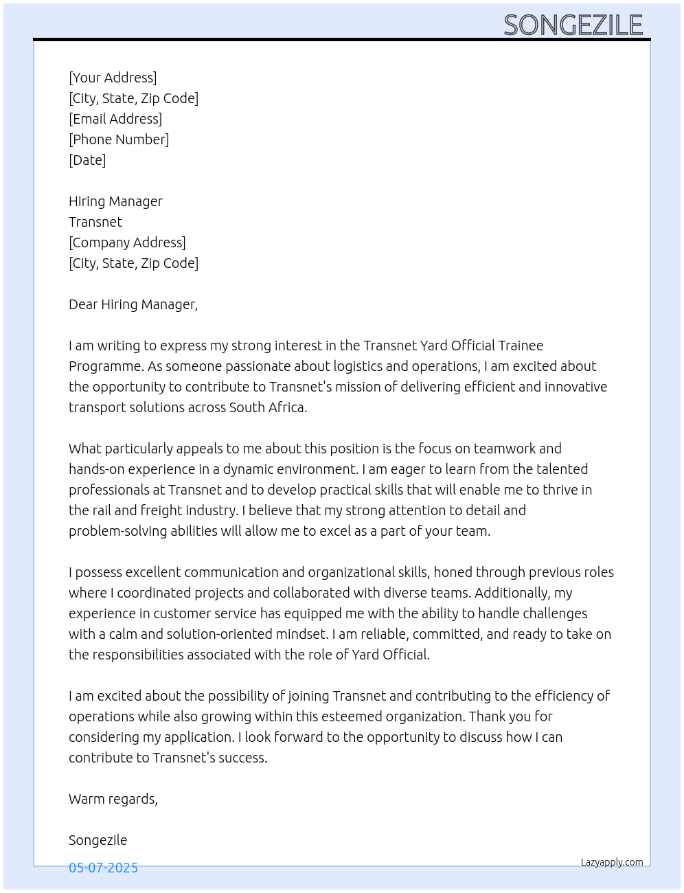 Cover letter for transnet yard official trainee programme - LazyApply