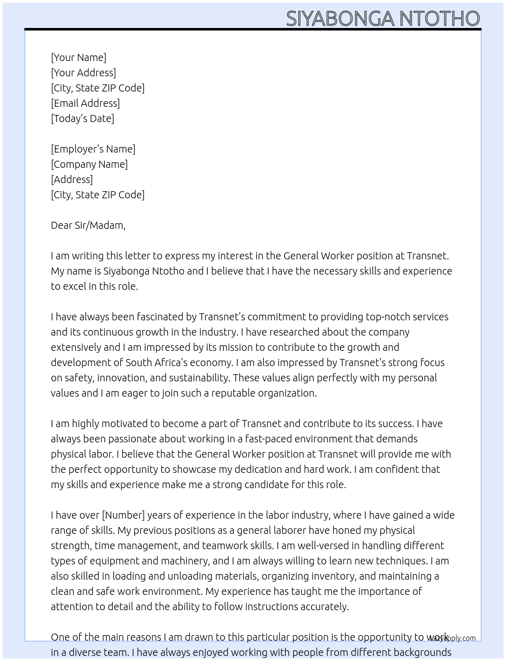 Cover letter for general worker - LazyApply