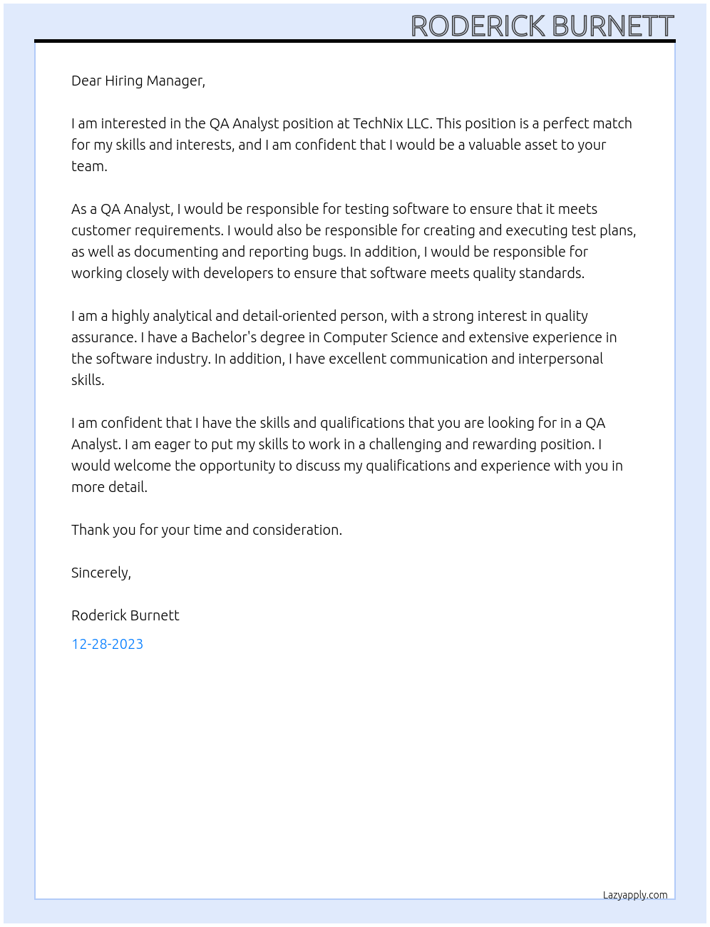 Cover letter for qa analyst - LazyApply