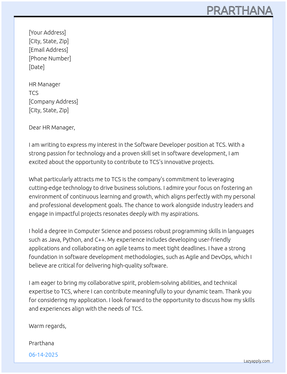 Cover letter for tcs - LazyApply