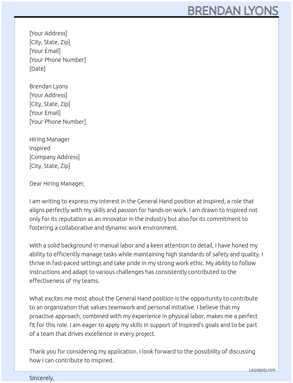 Cover letter for general hand - LazyApply