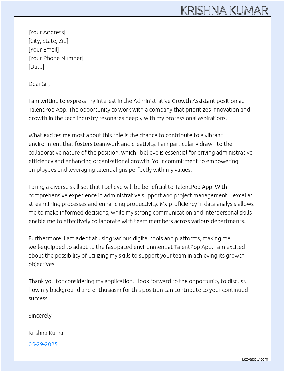 Cover letter for administrative growth assistant - LazyApply