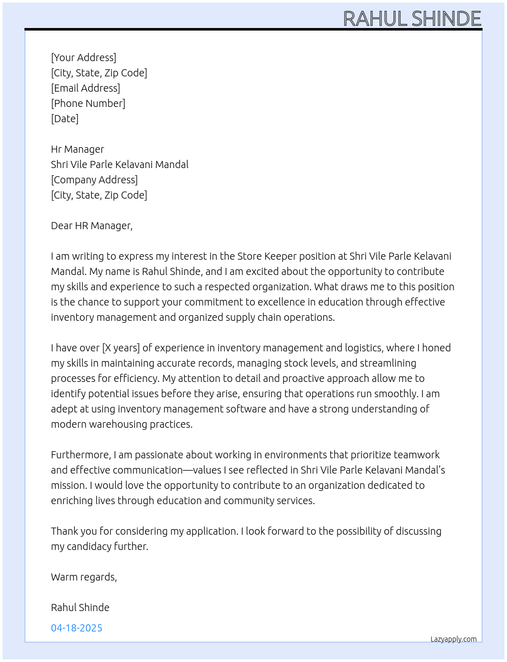 Cover letter for store keeper - LazyApply