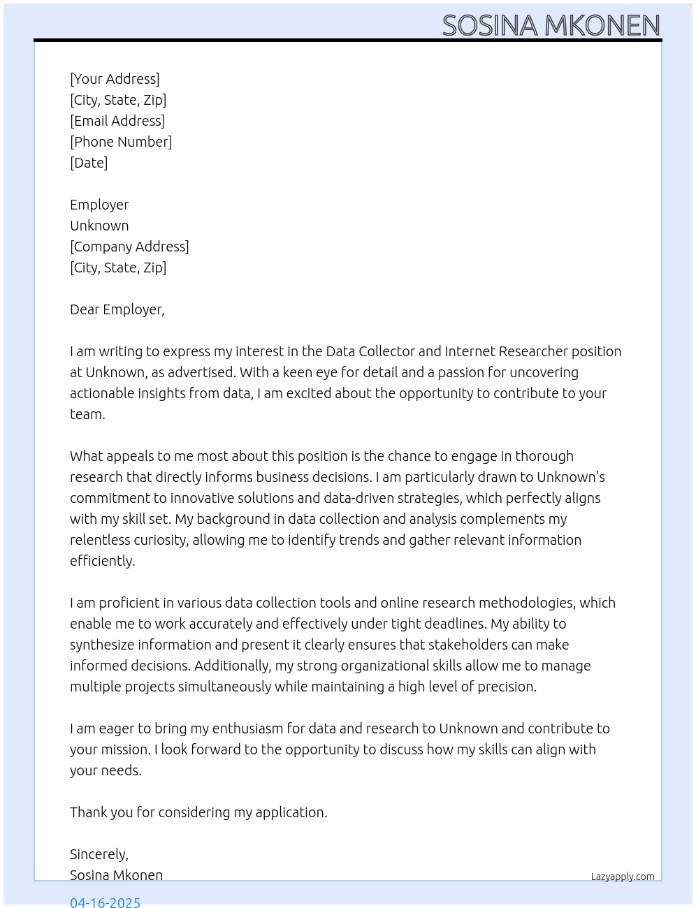 Cover letter for unknown - LazyApply