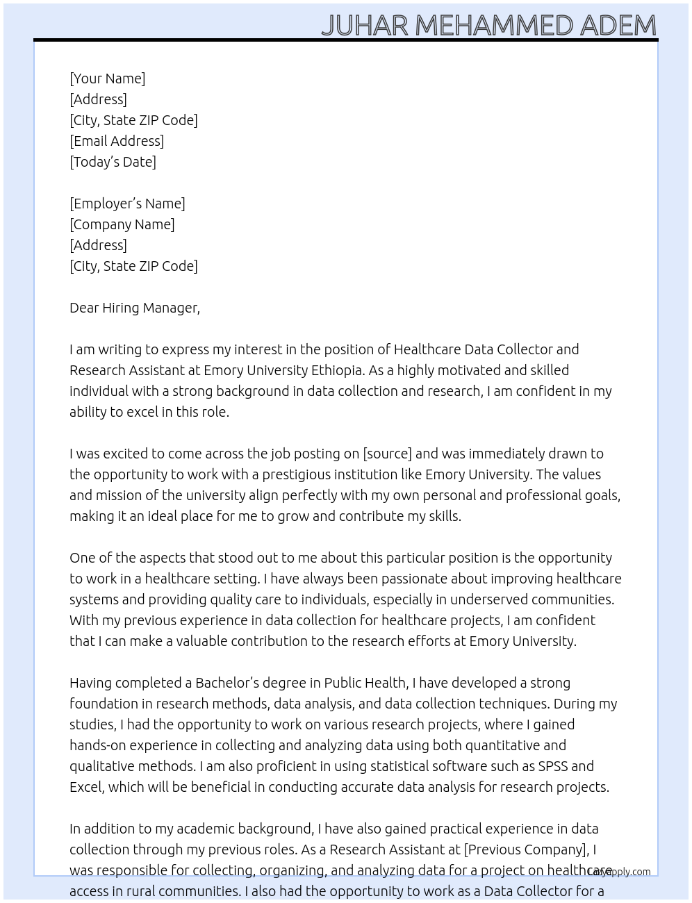 Cover letter for healthcare data collector and research assistant ...