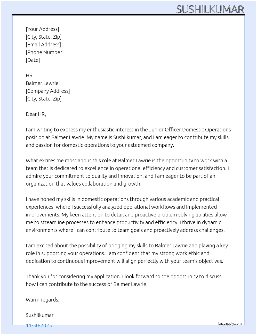 Cover letter for junior officer domestic operations - LazyApply