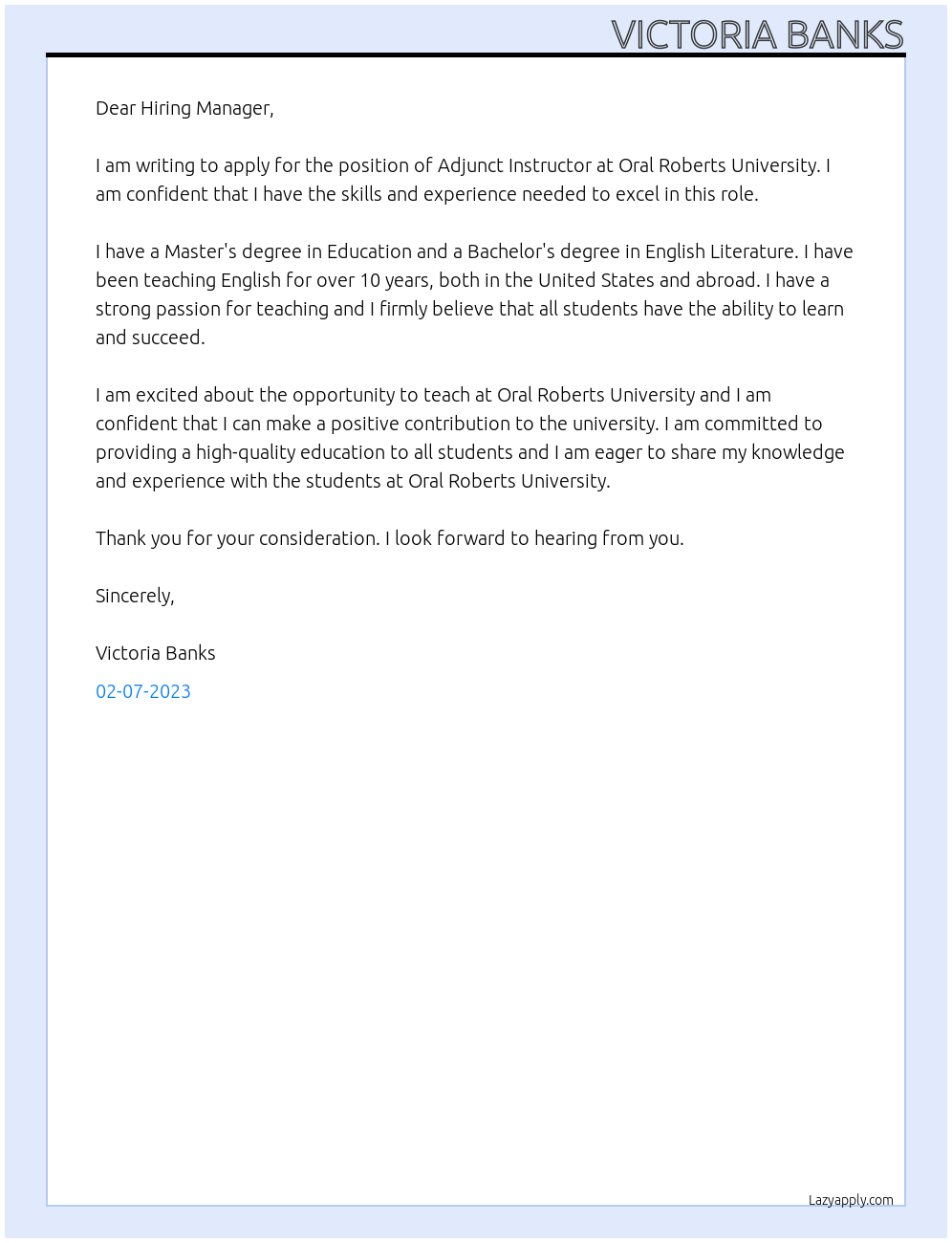 Cover Letter For Adjunct Instructor LazyApply