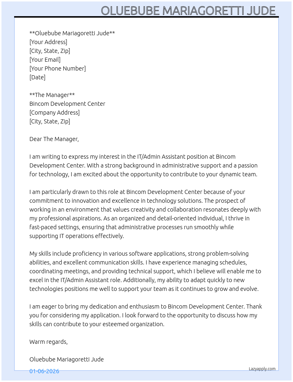 Cover letter for it/admin assistant - LazyApply