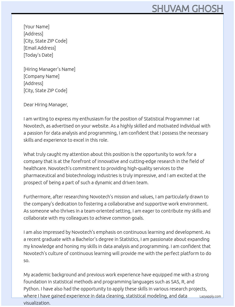 Cover letter for statistical programmer i - LazyApply