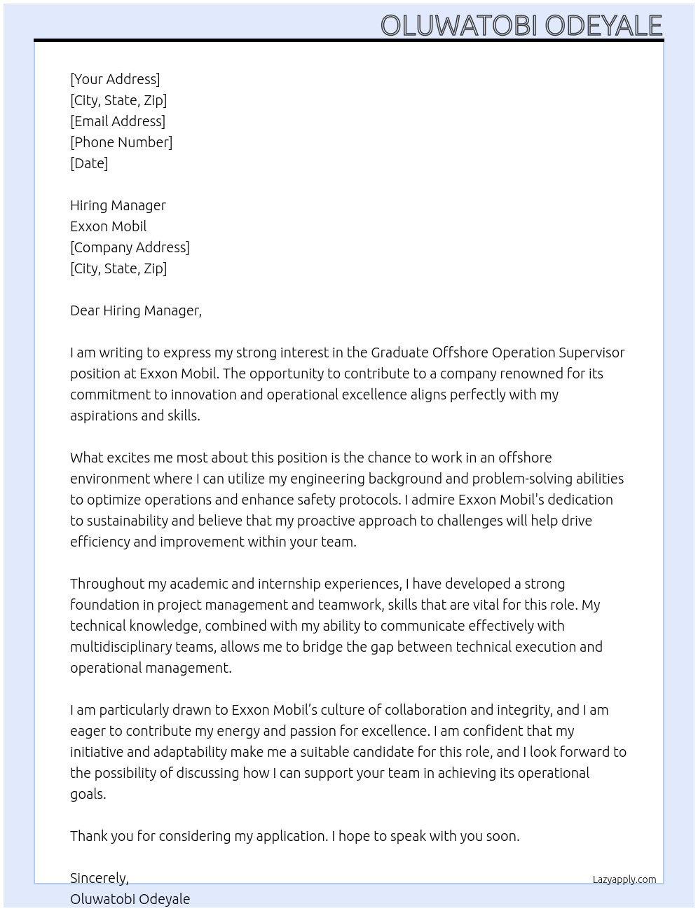 Cover letter for graduate offshore operation supervisor - LazyApply