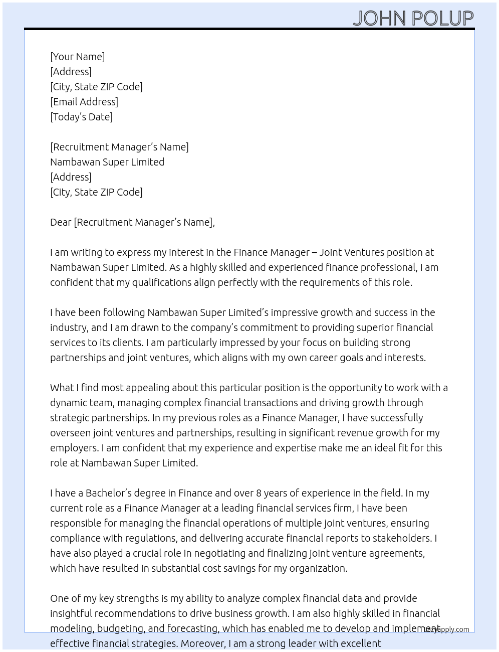 Cover letter for finance manager - joint ventures - LazyApply
