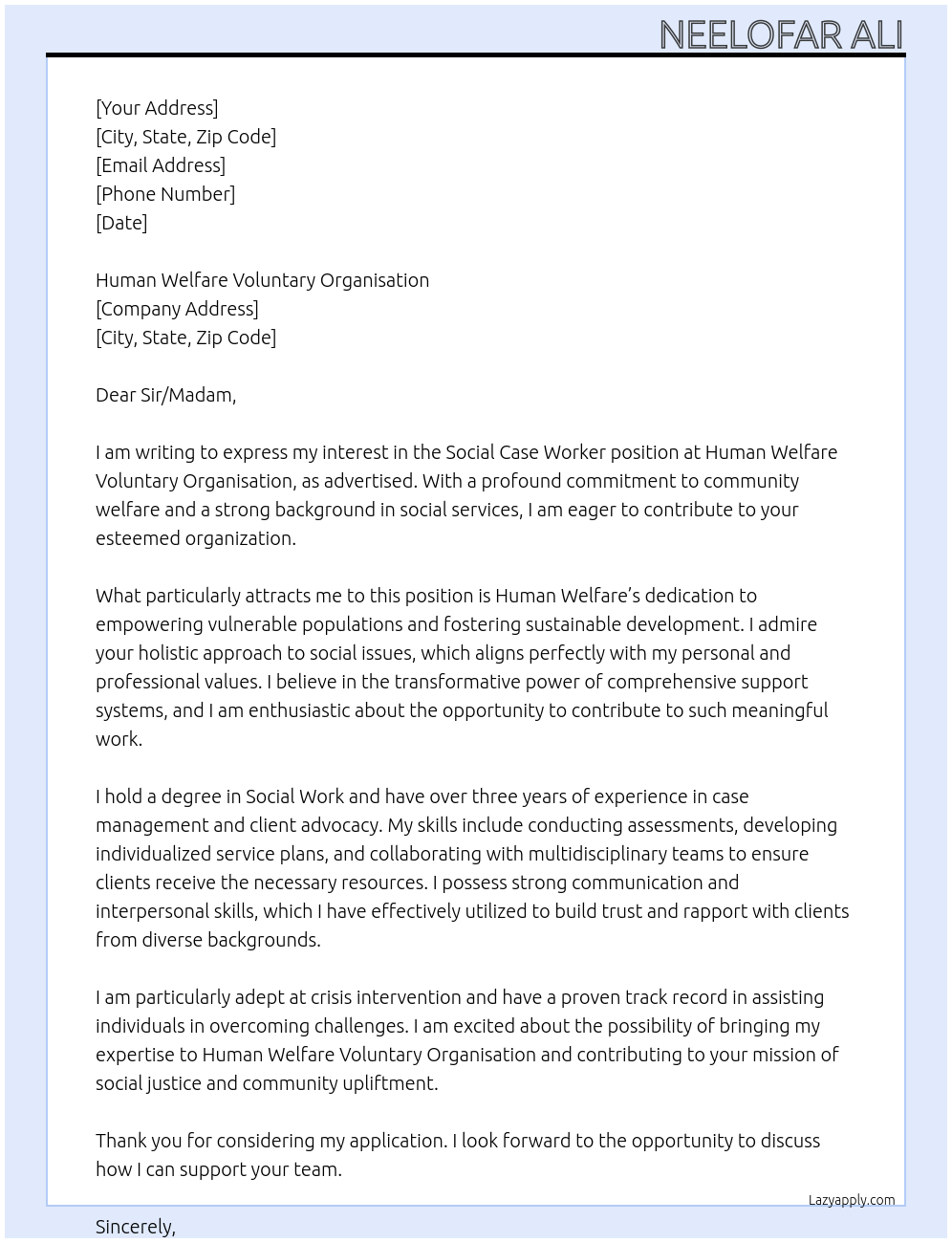 Cover letter for social case worker - LazyApply