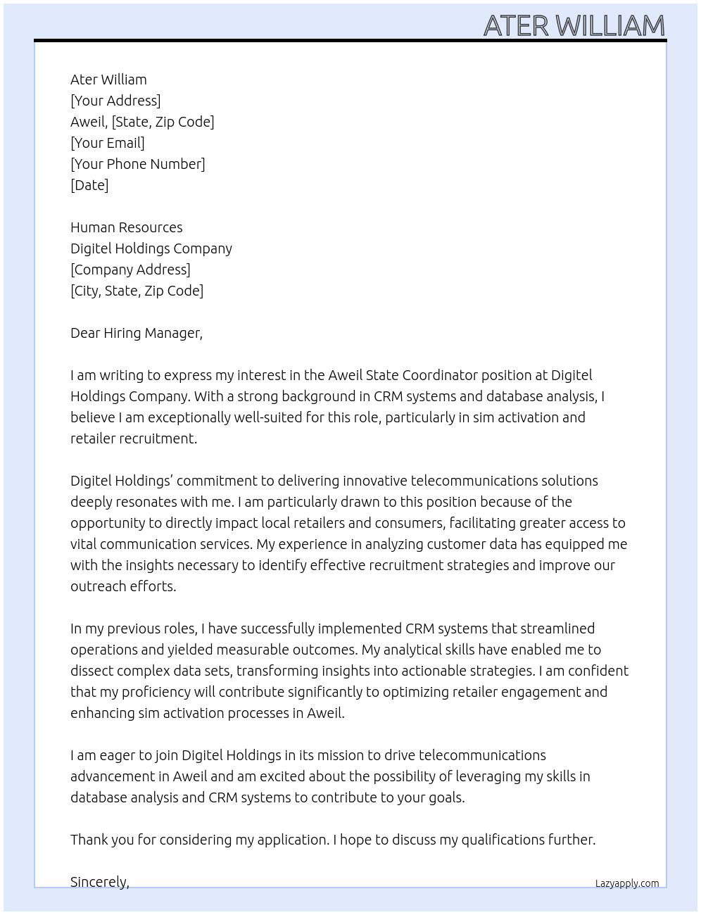 Cover letter for aweil state coordinator - LazyApply