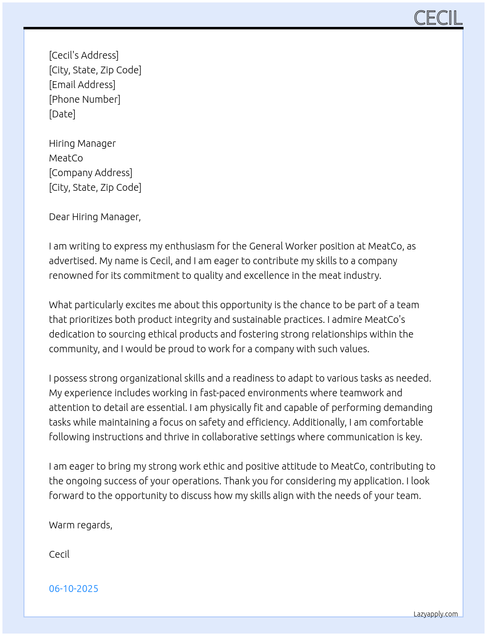 Cover letter for general worker - LazyApply
