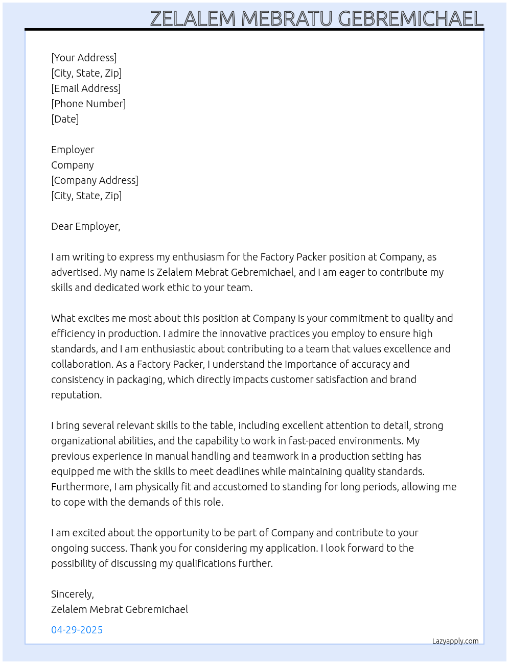 Cover letter for factory packer - LazyApply