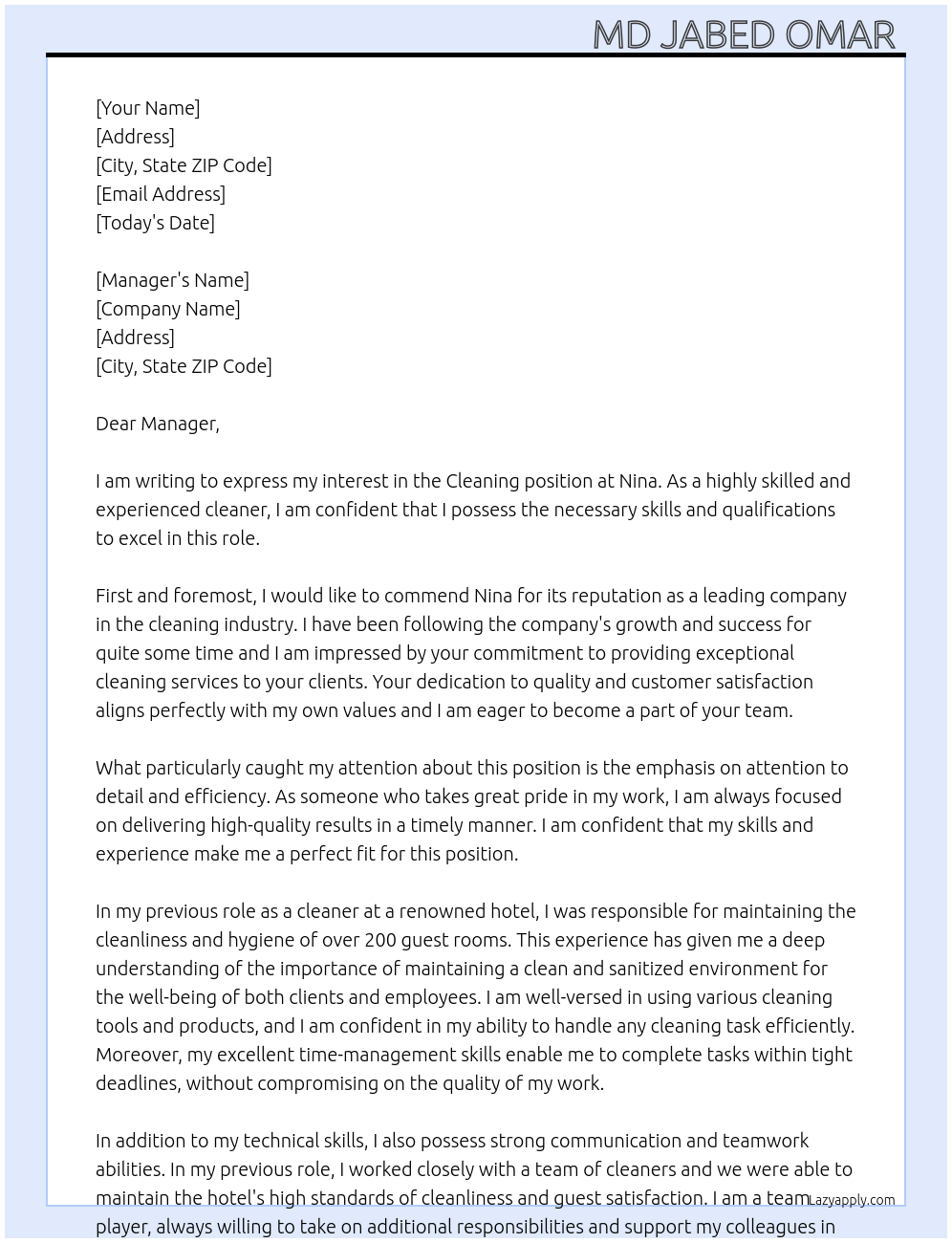 Cover letter for cleaning - LazyApply