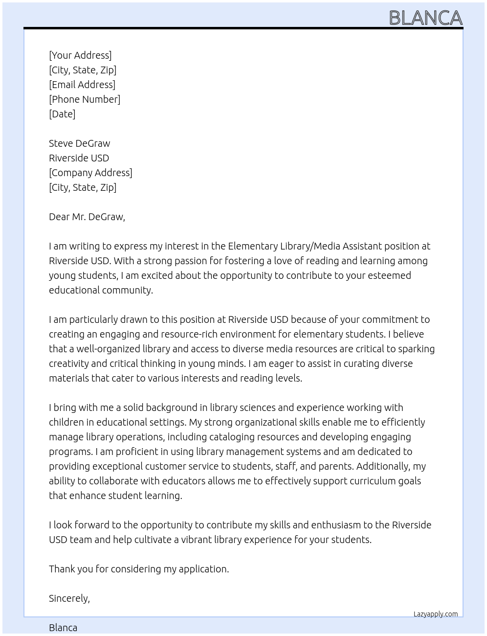 Cover letter for elementary library/media assistant - LazyApply