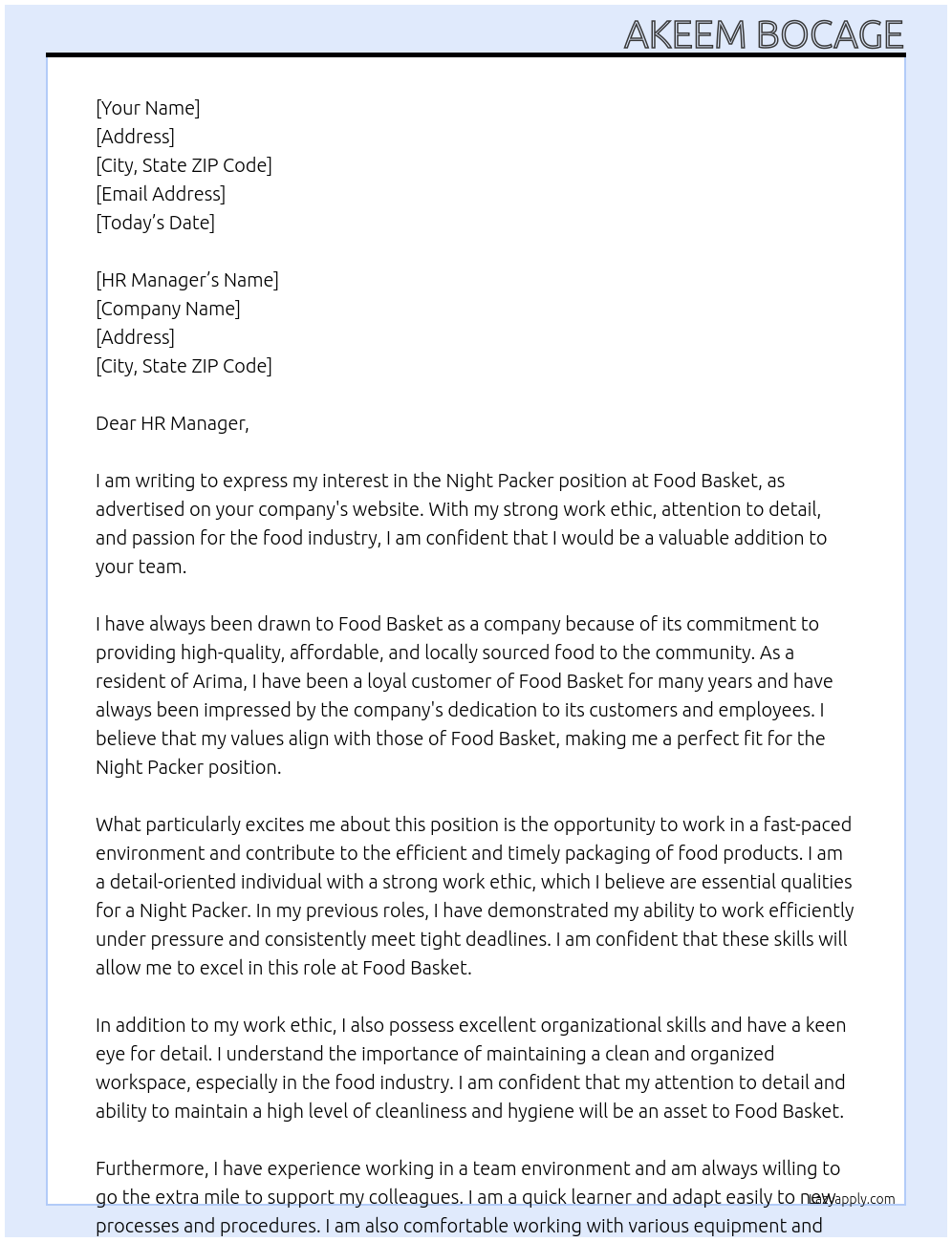 Cover letter for night packer - LazyApply