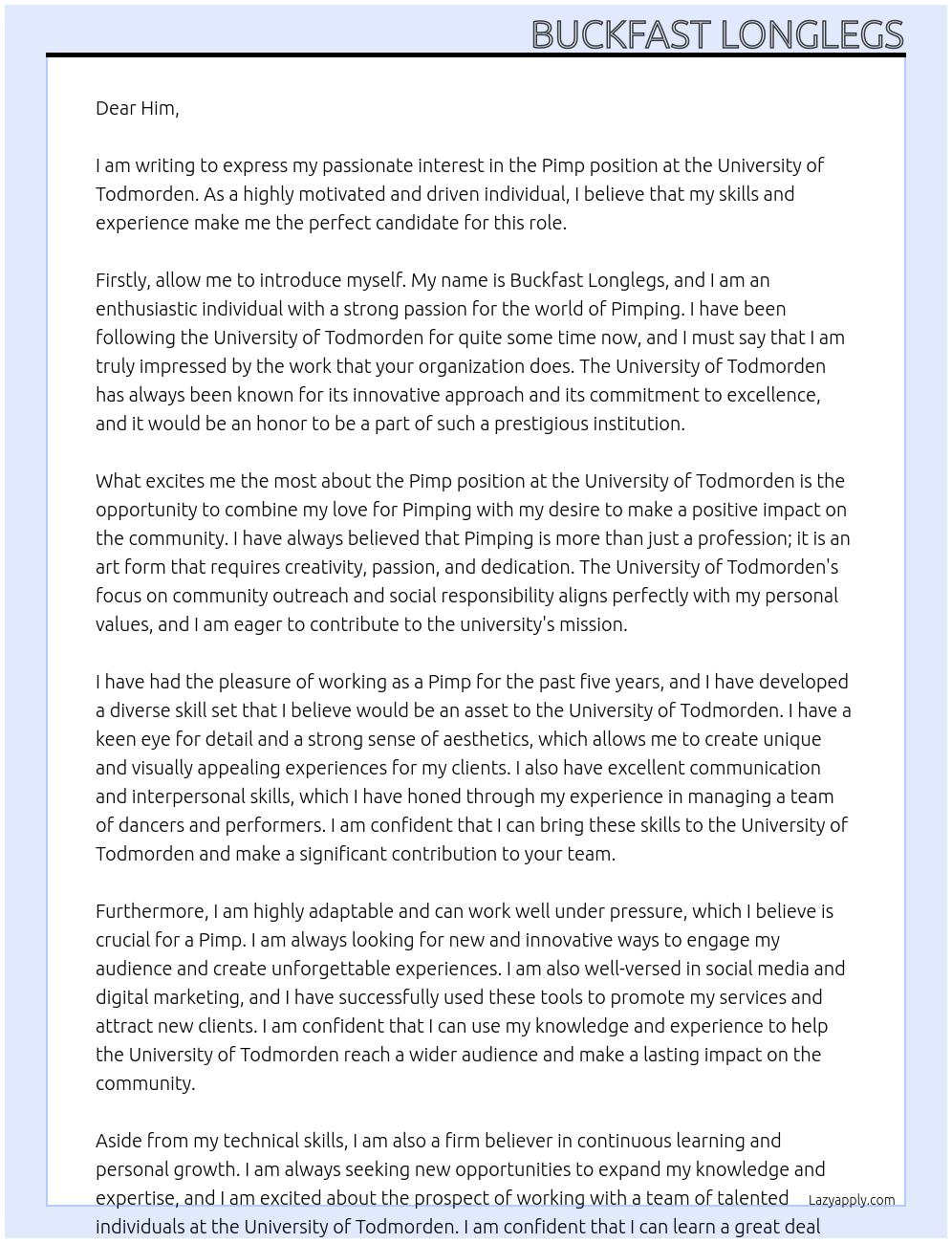 Cover letter for pimp - LazyApply
