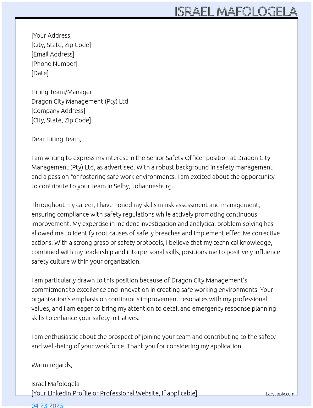 Cover letter for senior safety officer - LazyApply