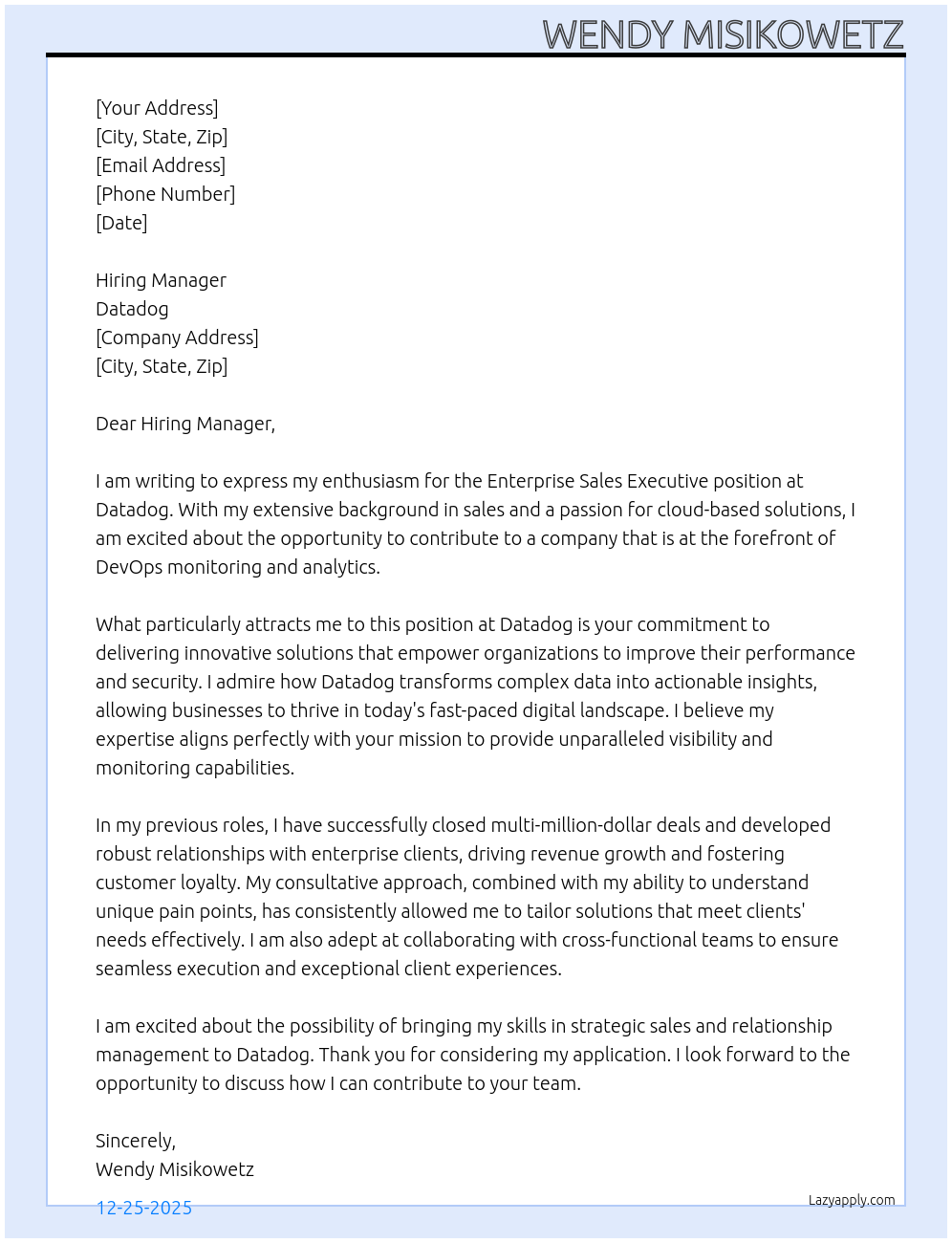 Cover letter for enterprise sals executive - LazyApply