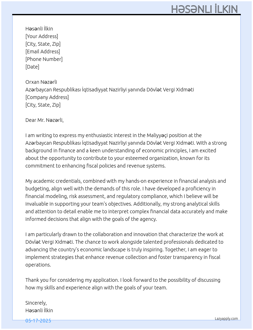 Cover letter for maliyyəçi - LazyApply