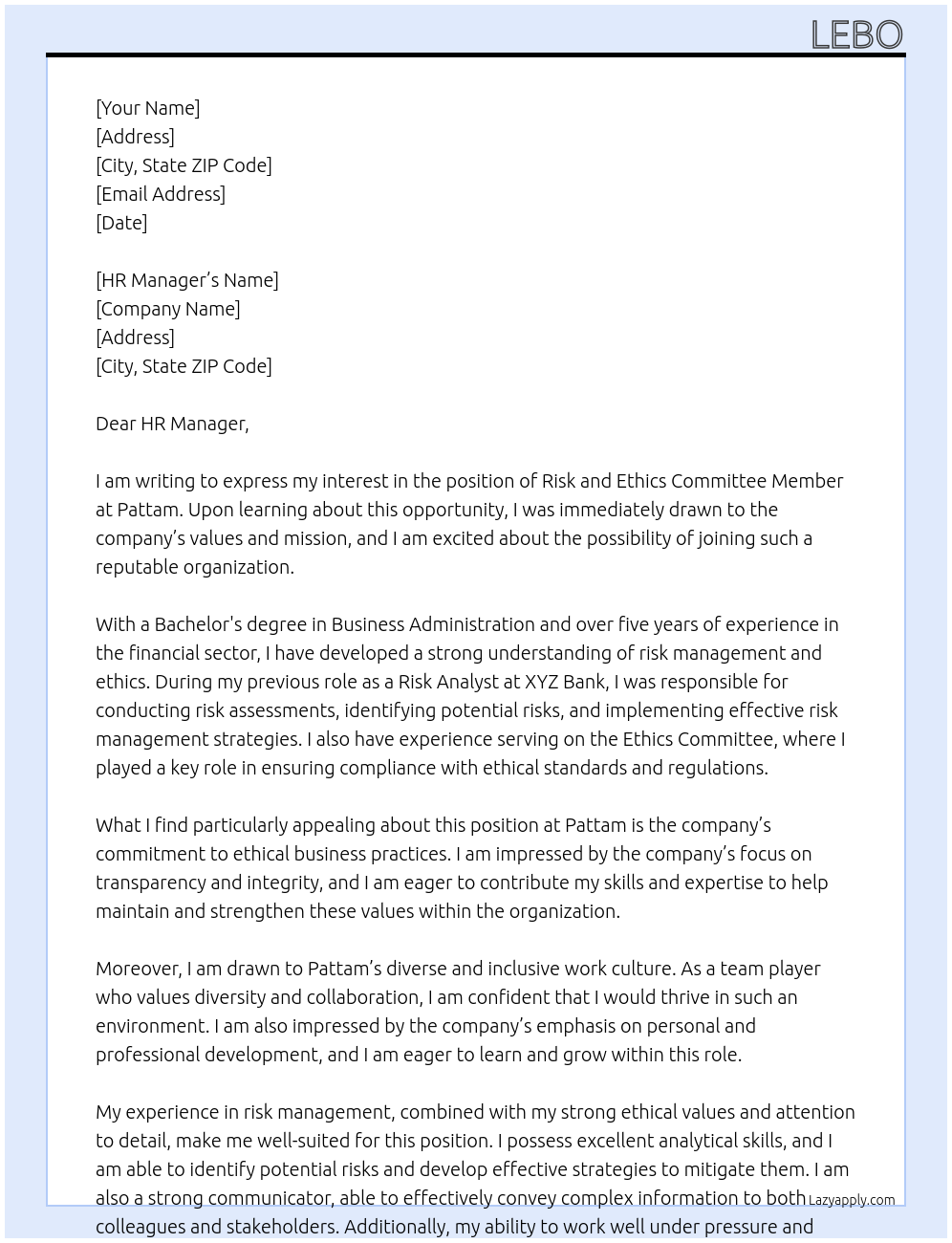 Cover letter for risk and ethics comittee members - LazyApply