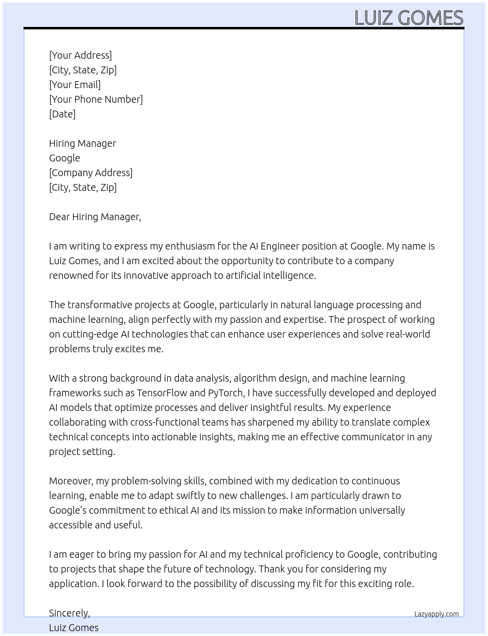 Cover letter for ai engeniier - LazyApply