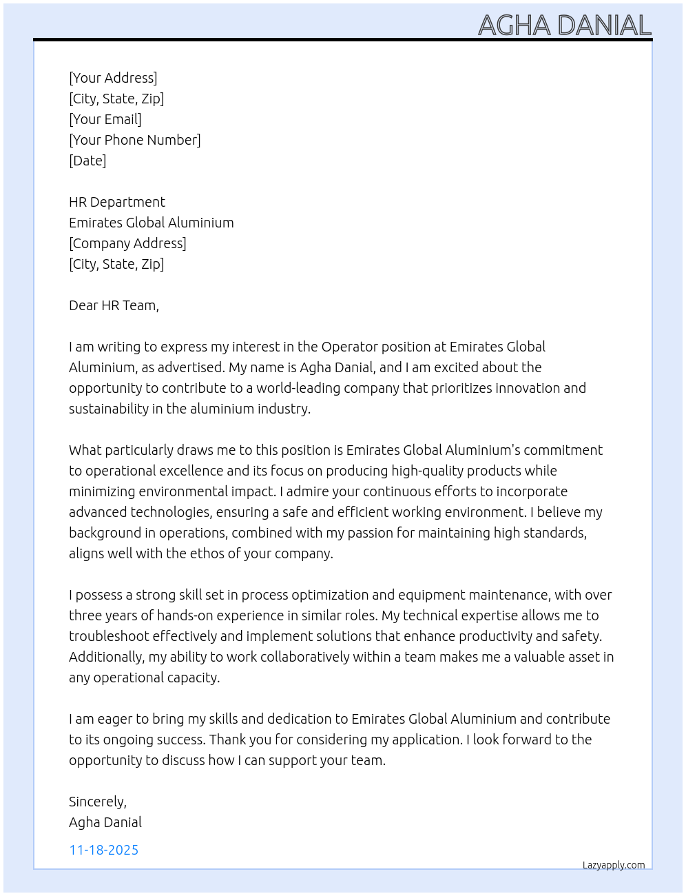 Cover letter for operatpr - LazyApply