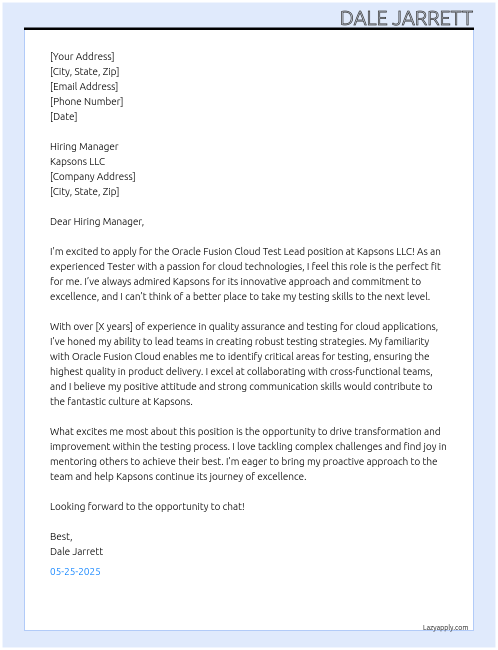 Cover letter for oracle fusion cloud test lead - LazyApply