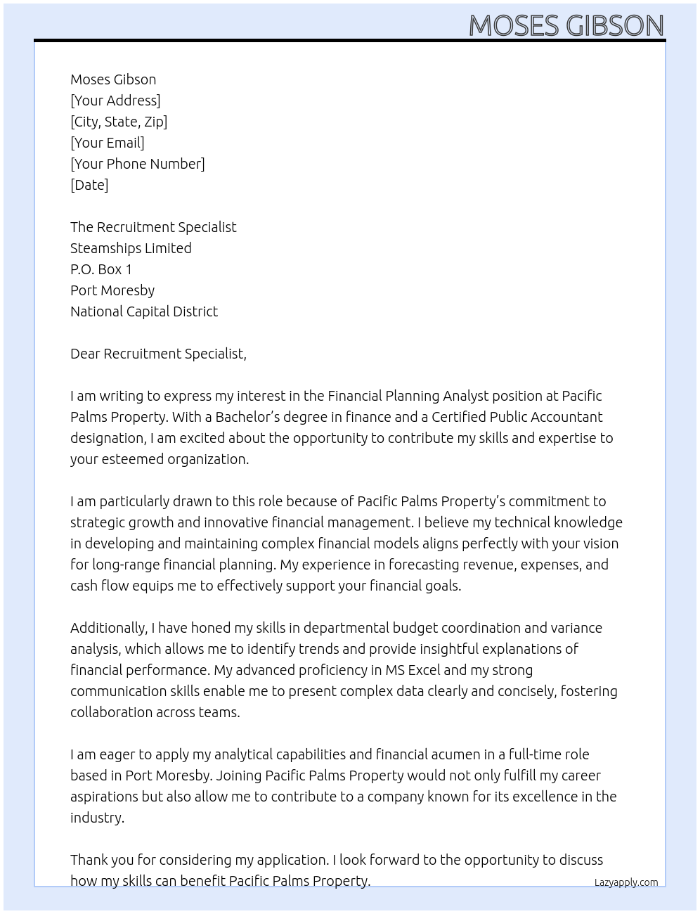 Cover letter for financial planning analyst - LazyApply