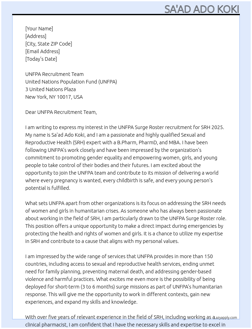 Cover letter for unfpa surge roster recruitment - srh 2025 - LazyApply