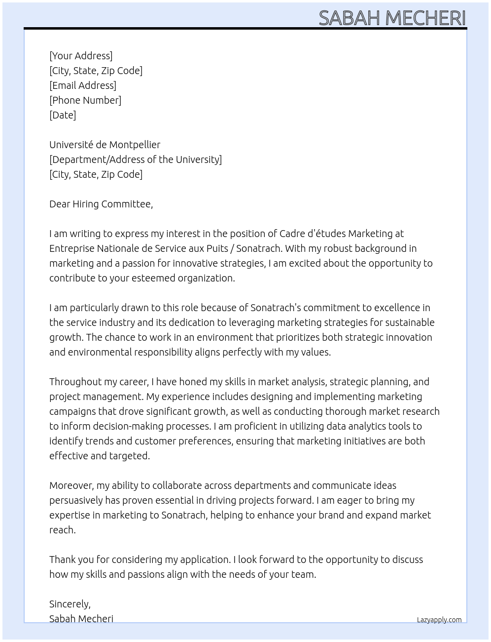 Cover letter for cadre d'études marketing - LazyApply