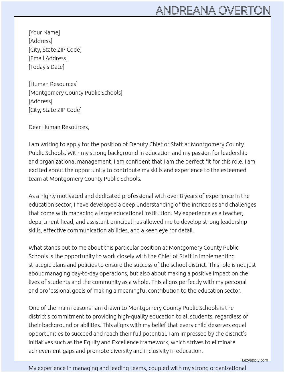 Cover letter for deputy chief of staff - LazyApply