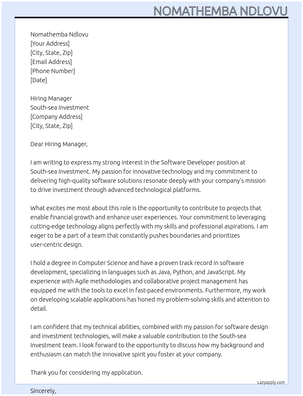 Cover letter for software developer - LazyApply