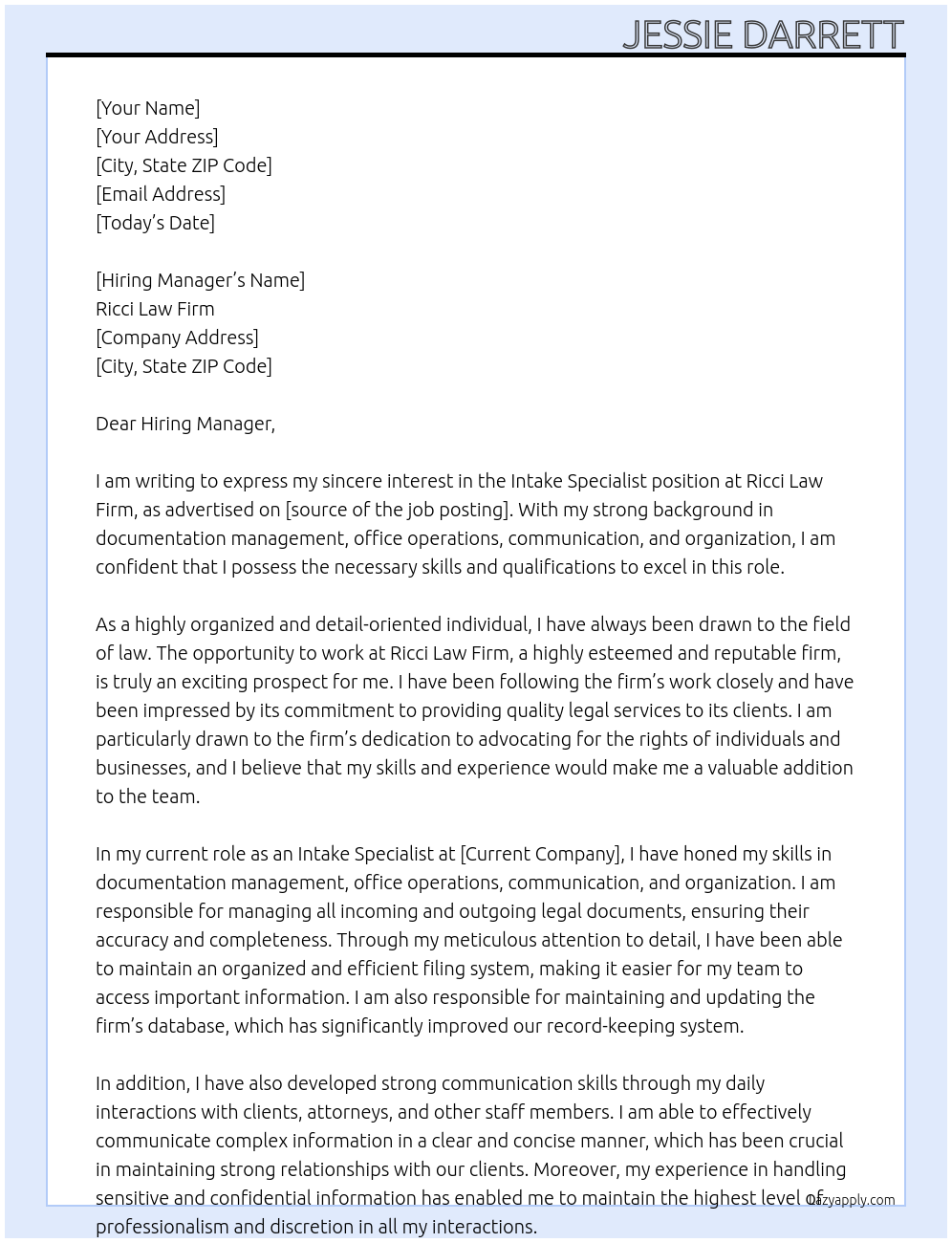 Cover letter for intake specialist - LazyApply