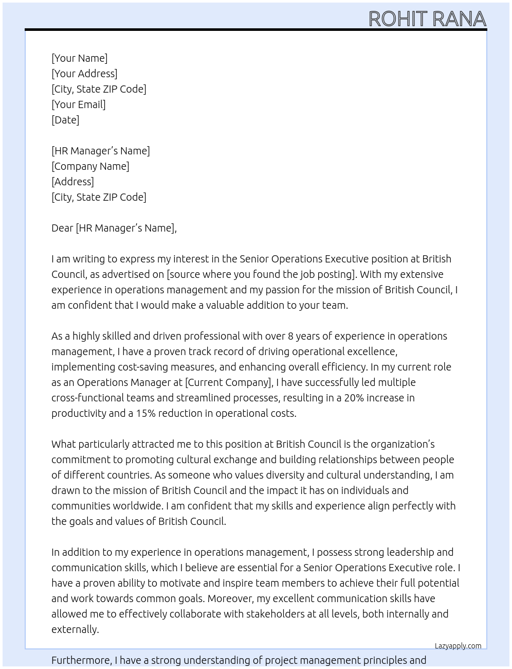Cover letter for senior operations executive - LazyApply