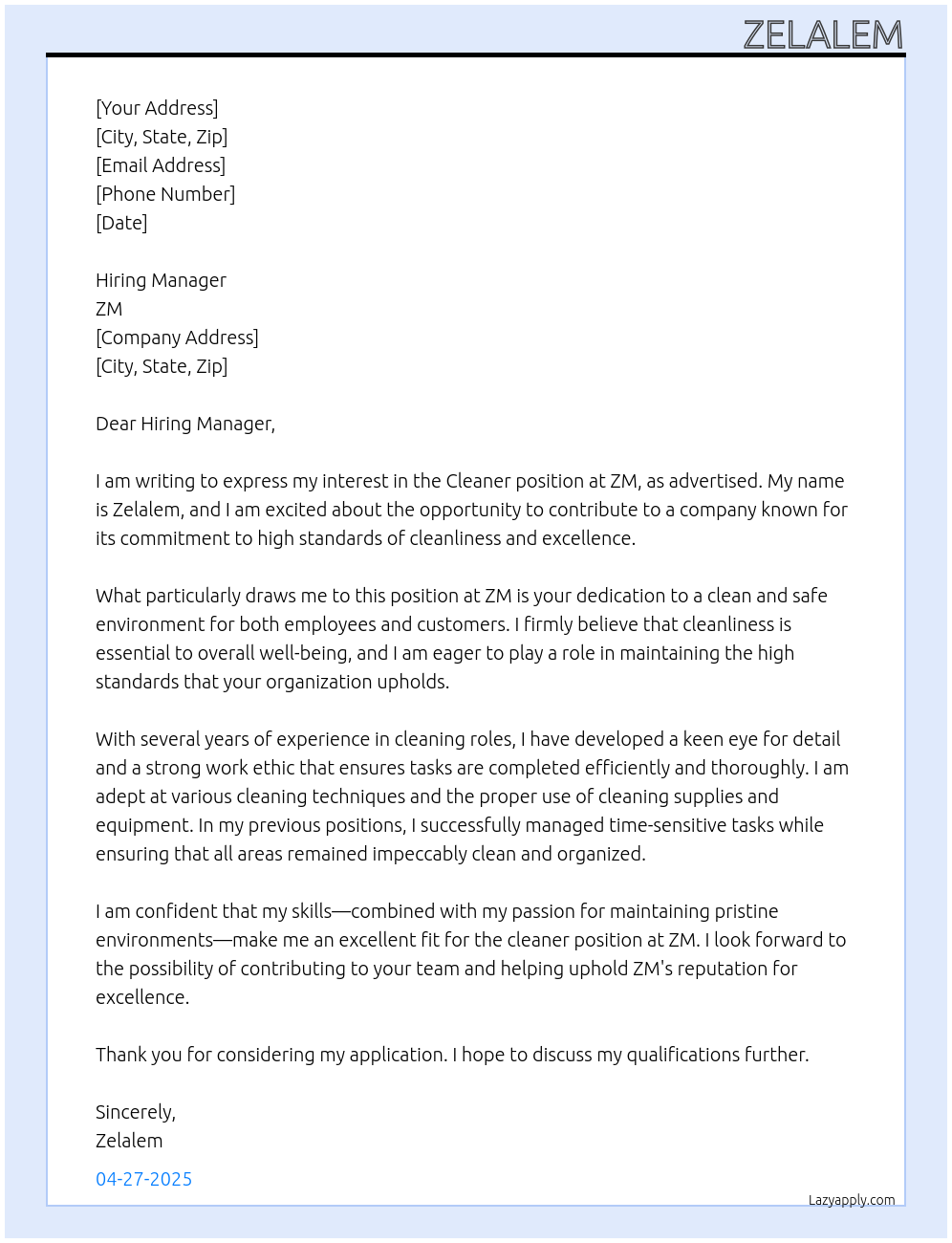 Cover letter for cleaner - LazyApply