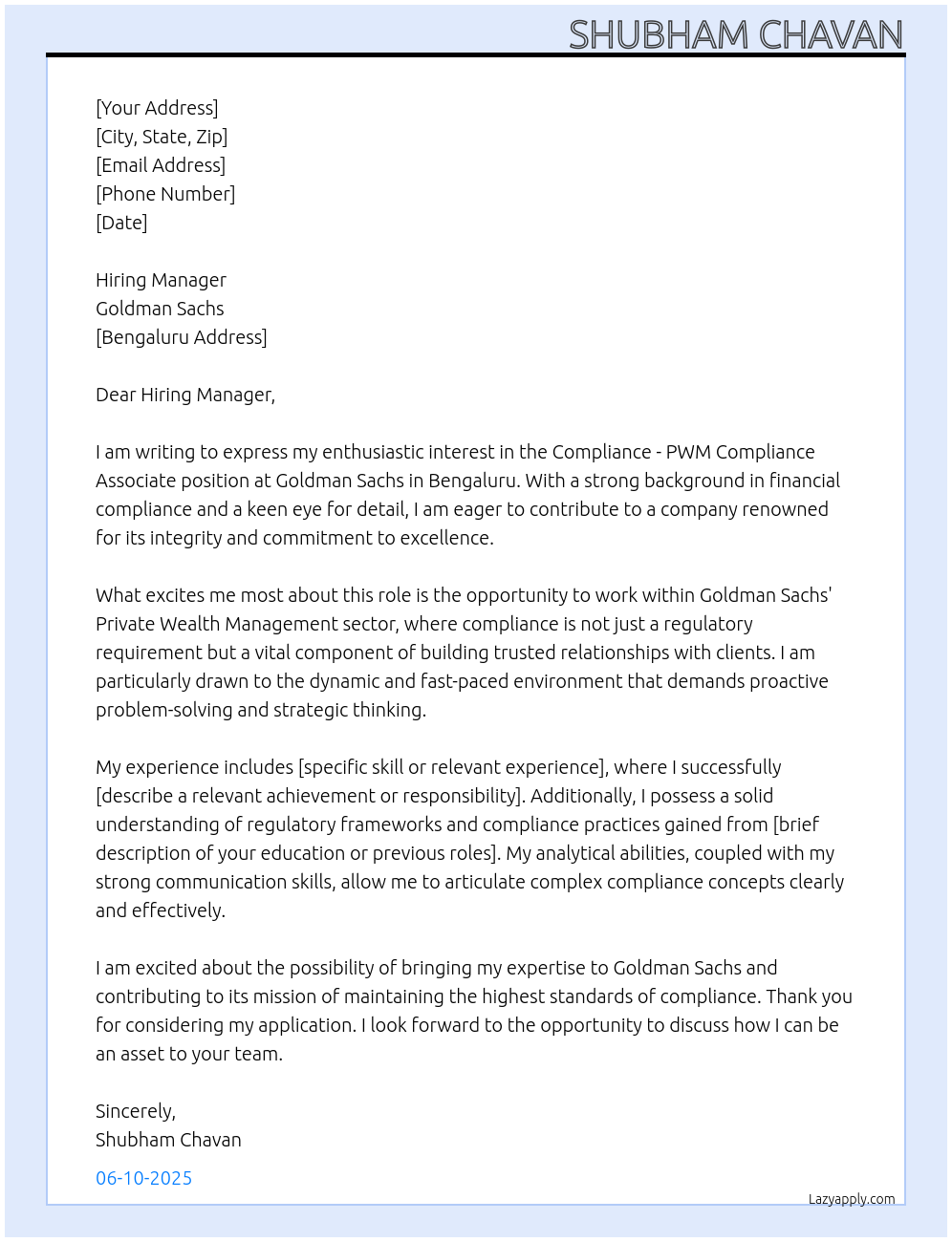 Cover letter for Goldman Sachs - LazyApply