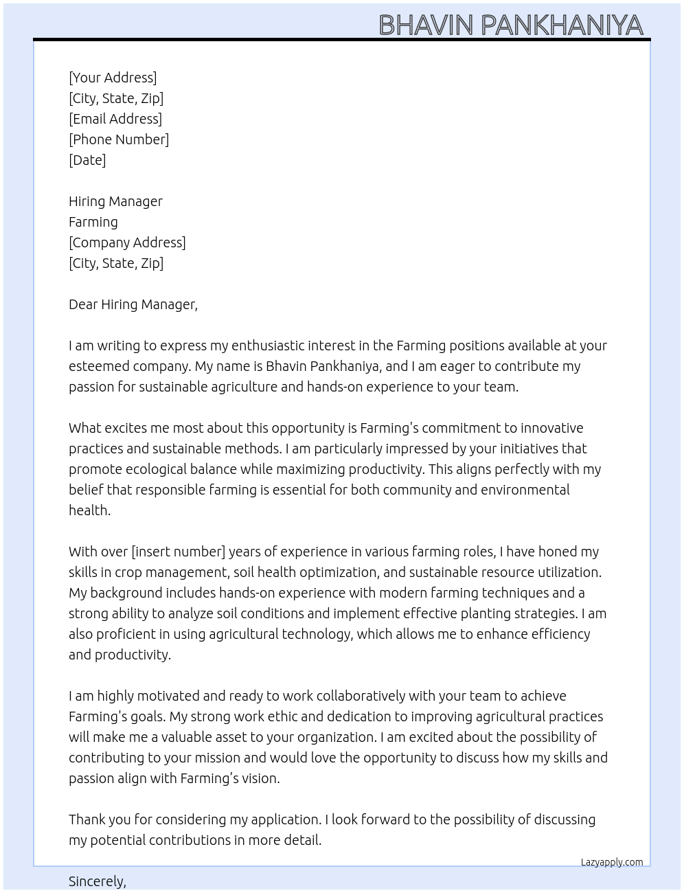 Cover letter for farming works - LazyApply