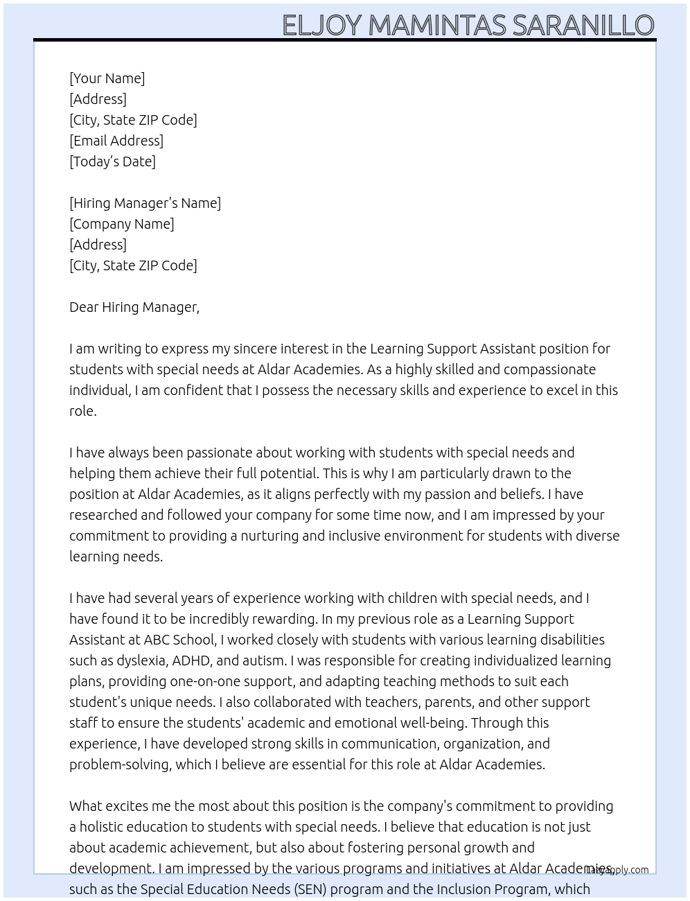 Cover letter for learning support assistant for students with special ...