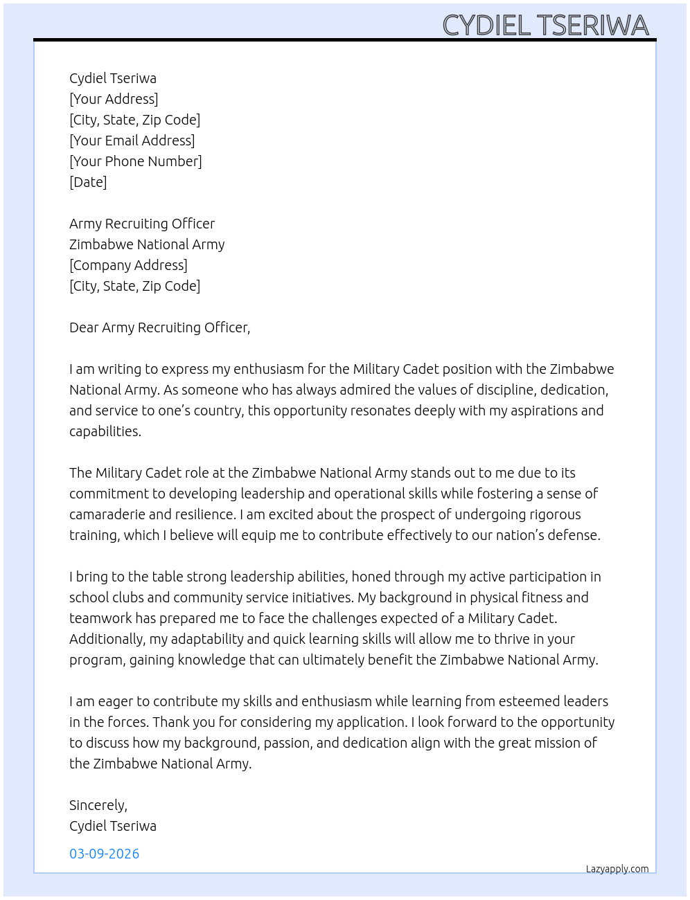 Cover letter for military cadet - LazyApply