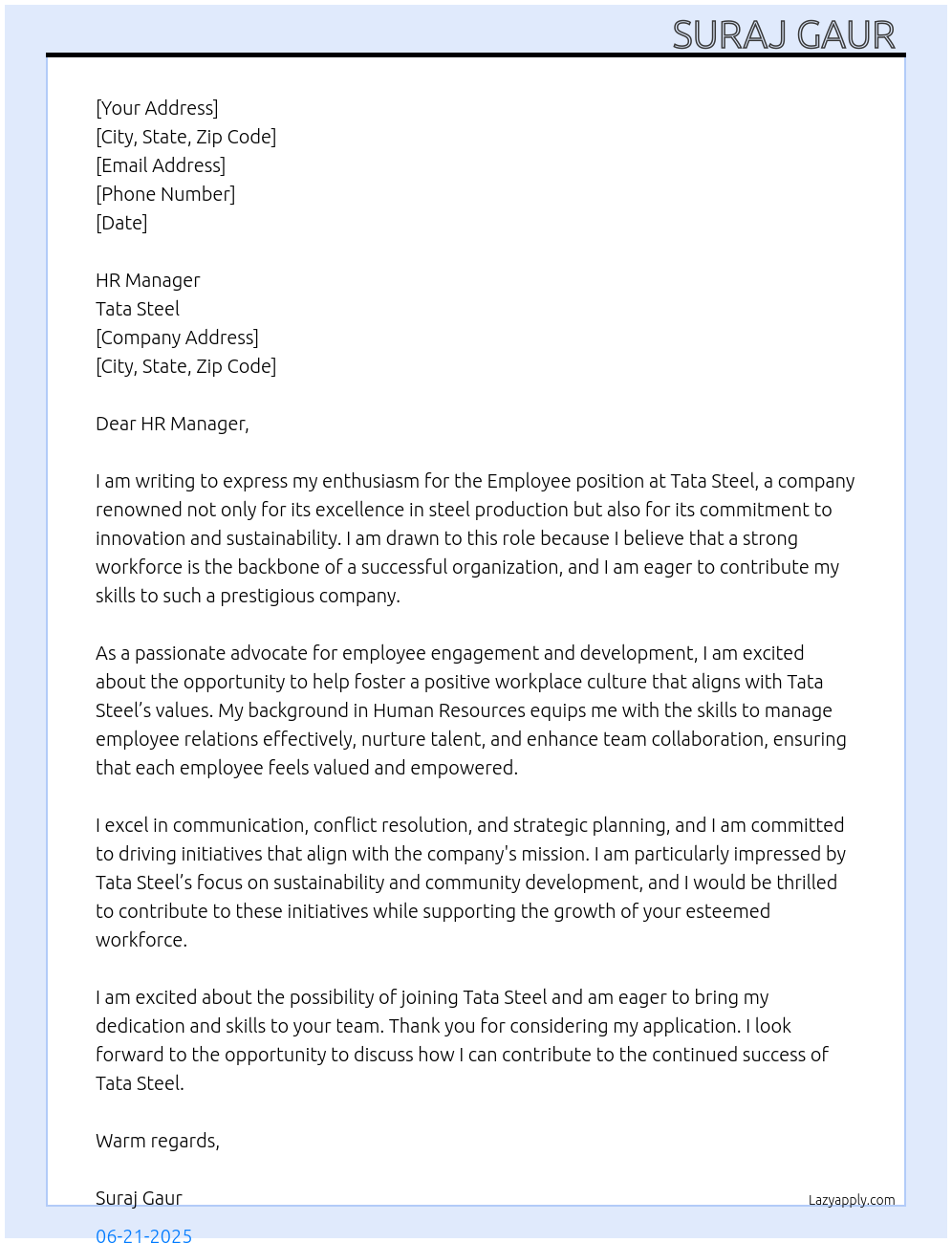 Cover letter for employee - LazyApply