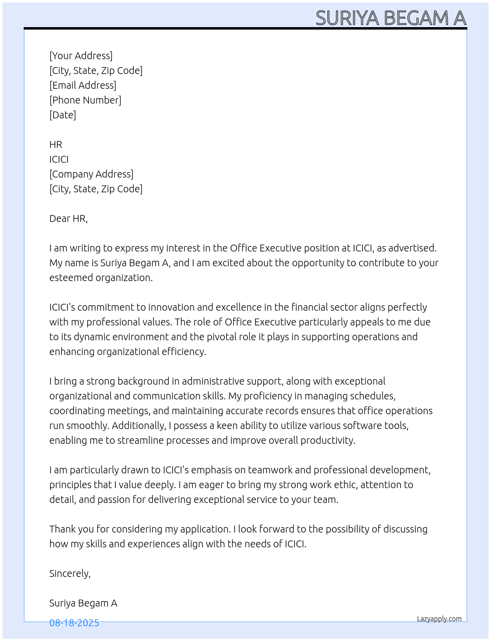 Cover letter for office executive - LazyApply