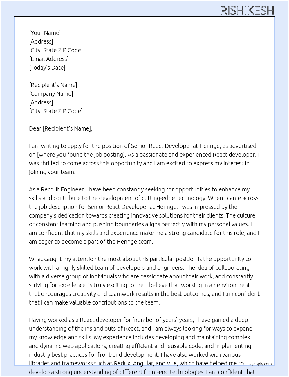 Cover letter for senior react developer - LazyApply